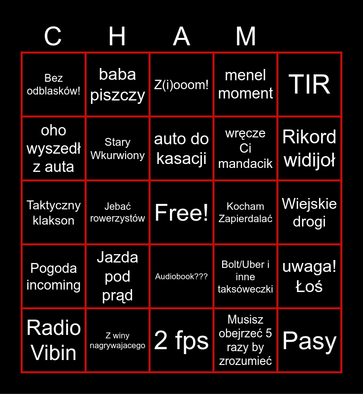 Stop Cham Bingo Card