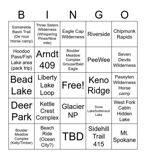 Trail Bingo Card