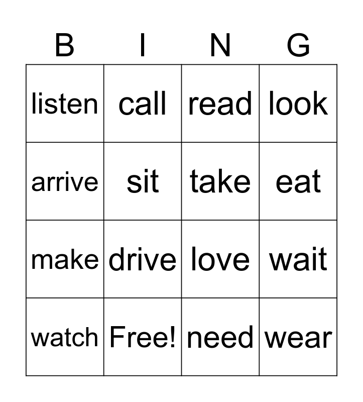Verbs Bingo Card