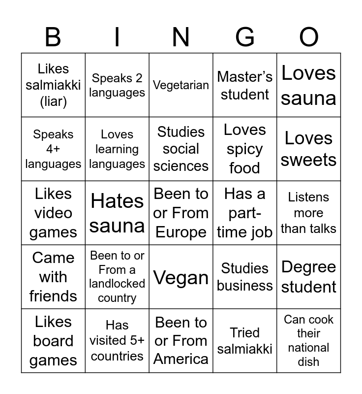 WELCOME TO FINLAND Bingo Card