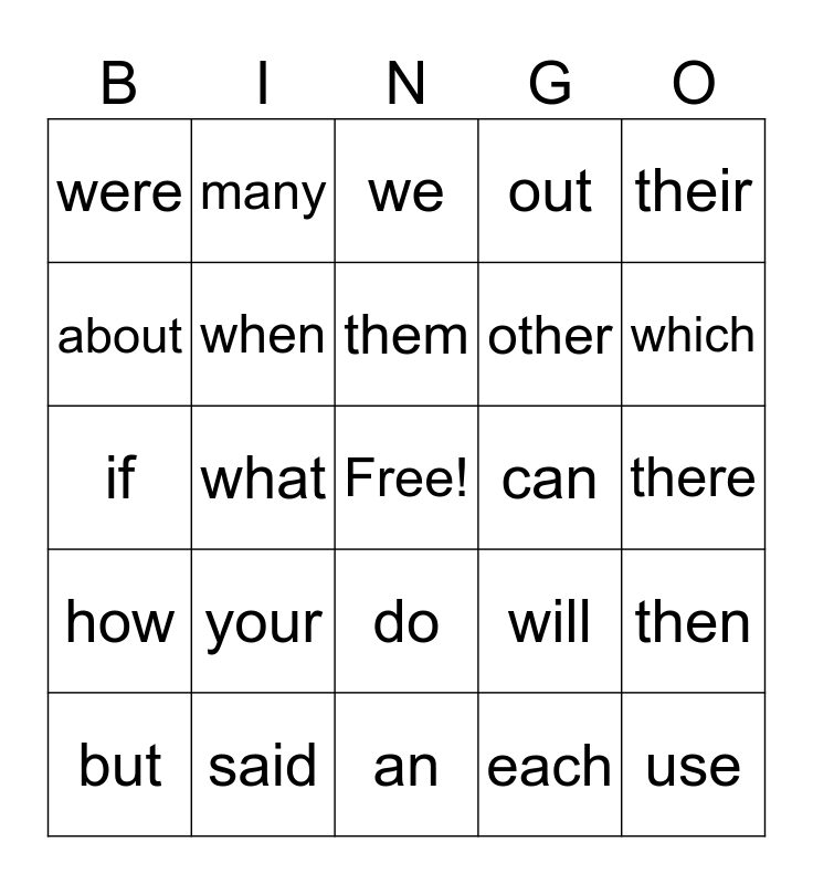 Most Common Words 2 Bingo Card