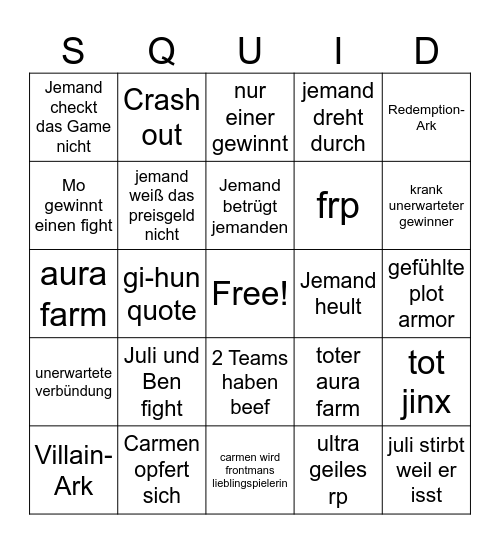 Squiddiot Game 2 A-Plot Bingo Card
