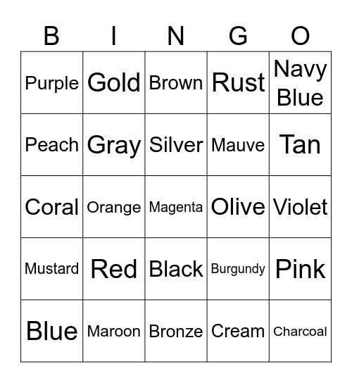 Colour Bingo (Text) Bingo Card