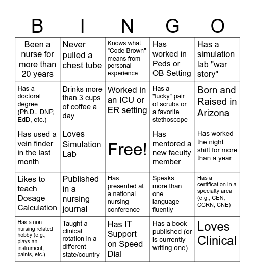 Nursing Professor Ice Breaker Bingo Card