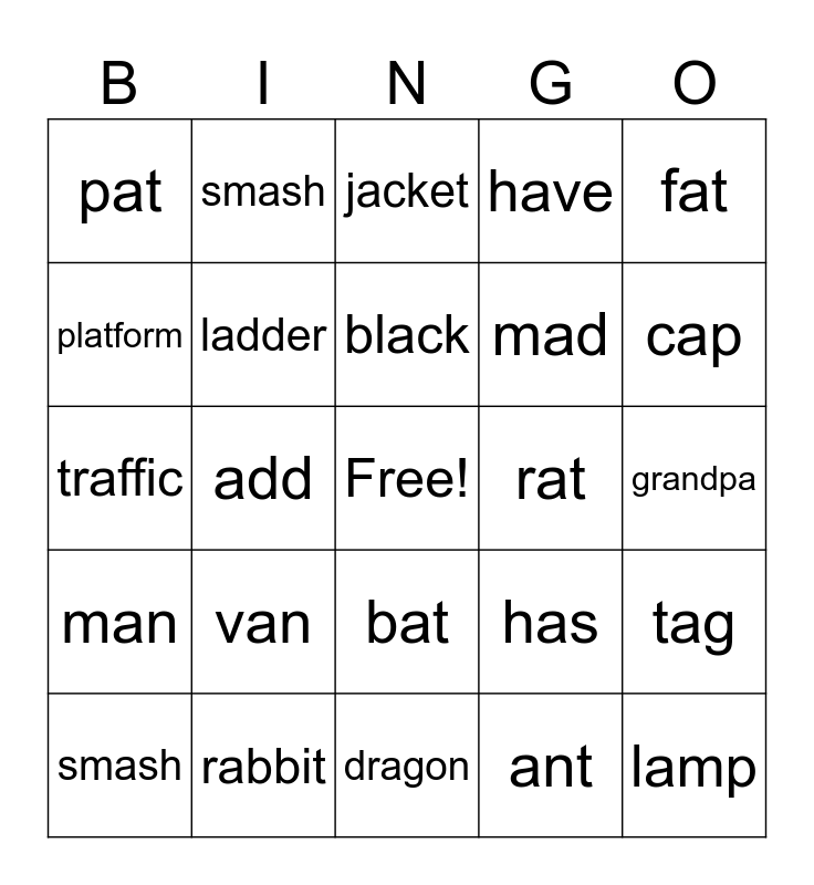 Short A words Bingo Card