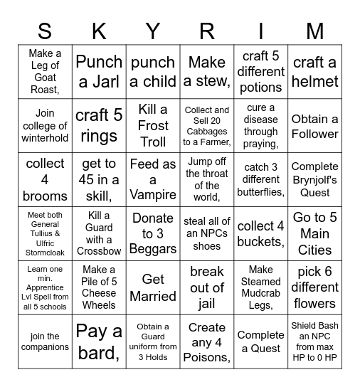 Skyrim Bingo Card