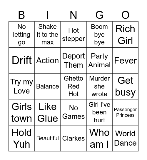 Dancehall Bingo Card