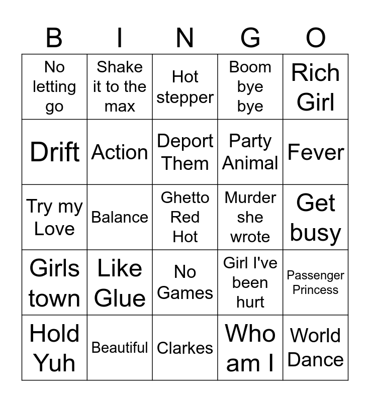 Dancehall Bingo Card