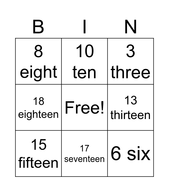 Numbers 1 - 20 Bingo Card