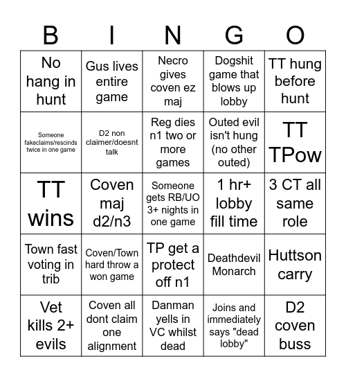 Town Traitor Bingo Card