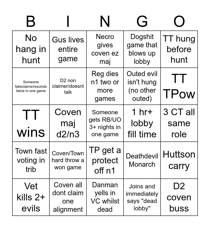 Town Traitor Bingo Card