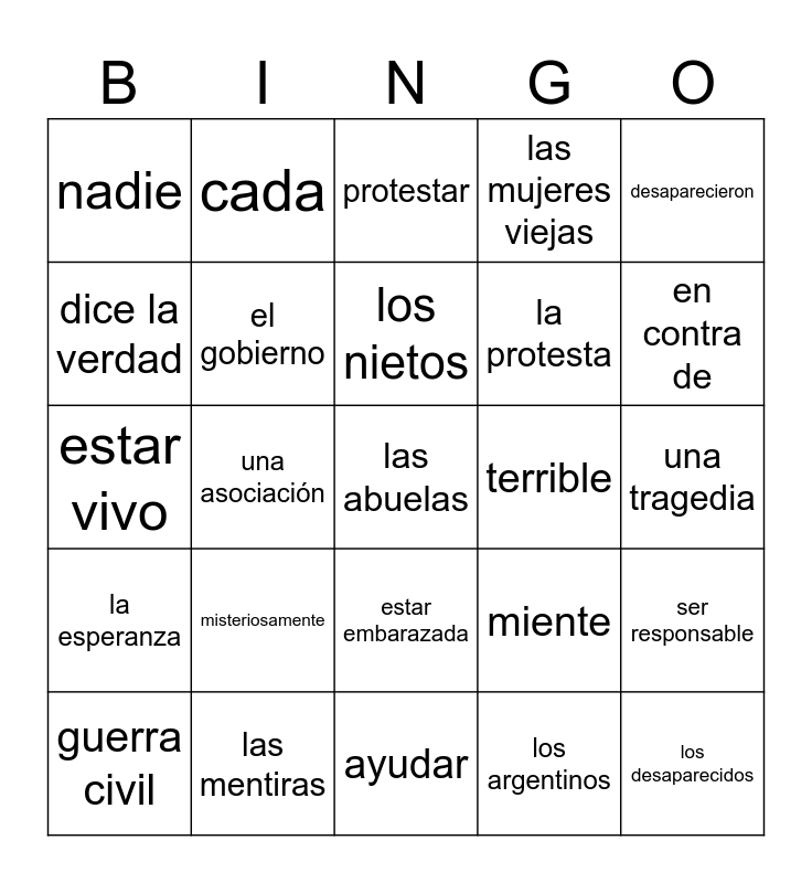 SOMOS Unit 16- Abuelas de Plaza de Mayo Bingo Card