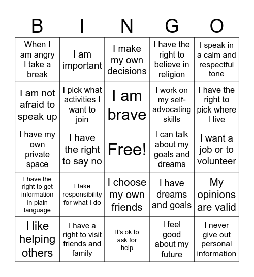 Self-Advocacy BINGO Card
