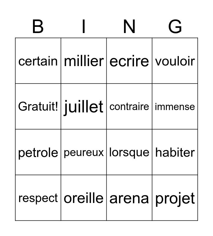 Mots de la semaine Bingo Card