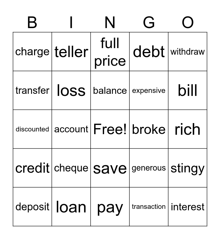 Speaking and Listening 5-7: Banking vocabulary Bingo Card