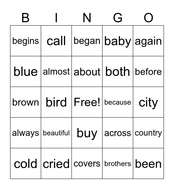 Sight Word Bingo (1a,b,c) Bingo Card
