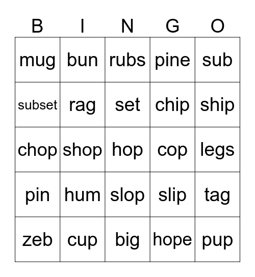 mix cvc, phonogram, cvce Bingo Card