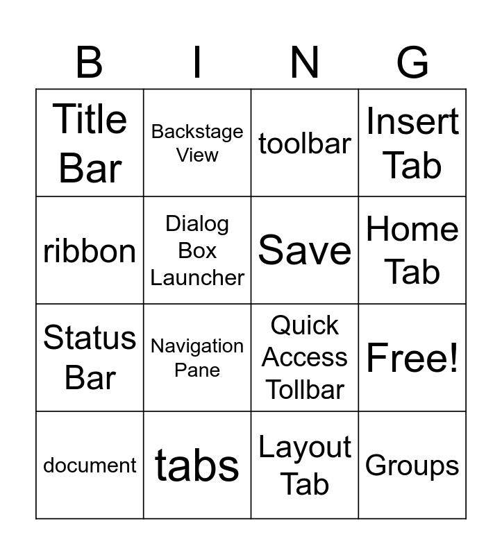 Microsoft Word Bingo Card