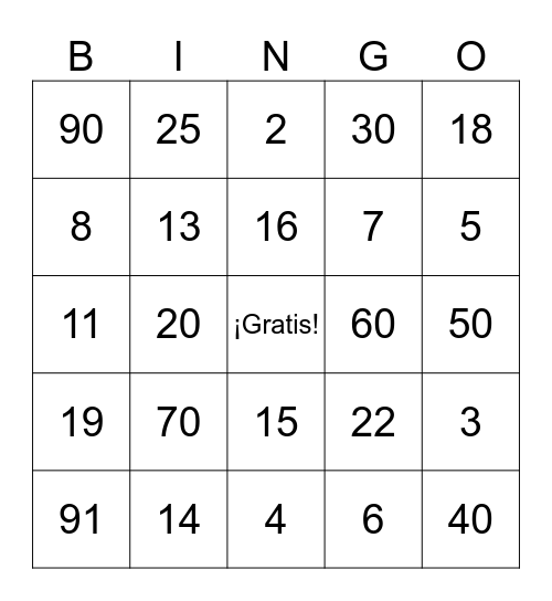 Bingo-Los Números Bingo Card