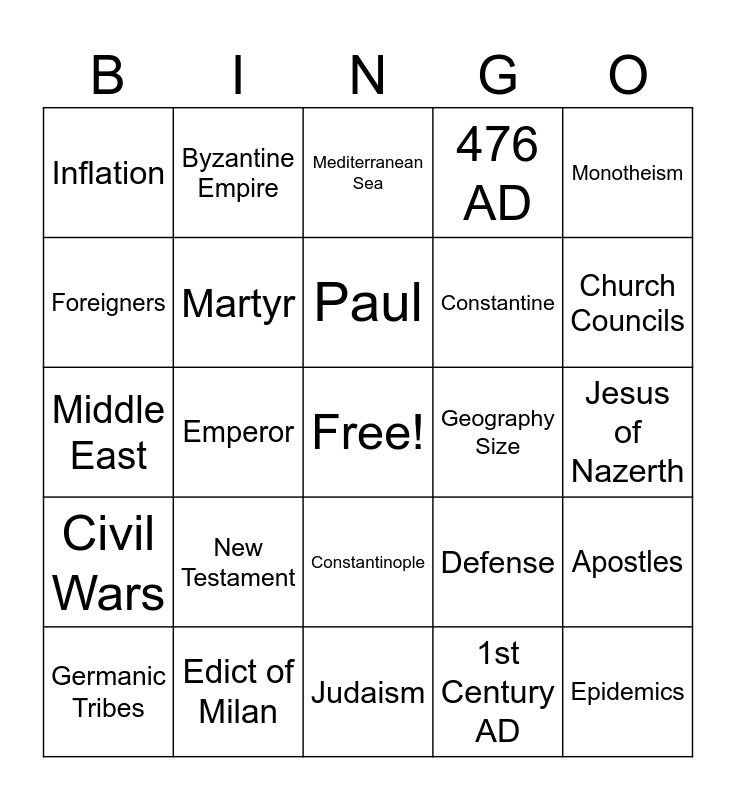 Fall of Rome and Christianity Jingo Bingo Card
