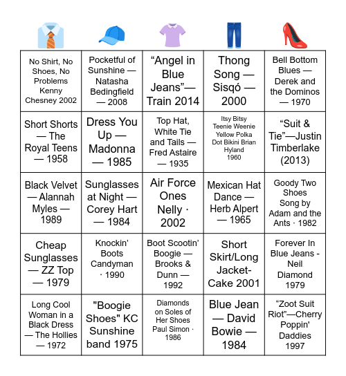 SONG WITH AN ARTICLE OF CLOTHING IN THE TITLE Bingo Card