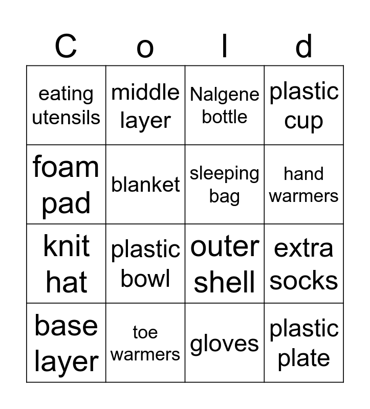 Cold Weather Bingo Card
