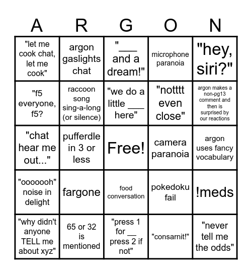 Argon Stream Bingo Card