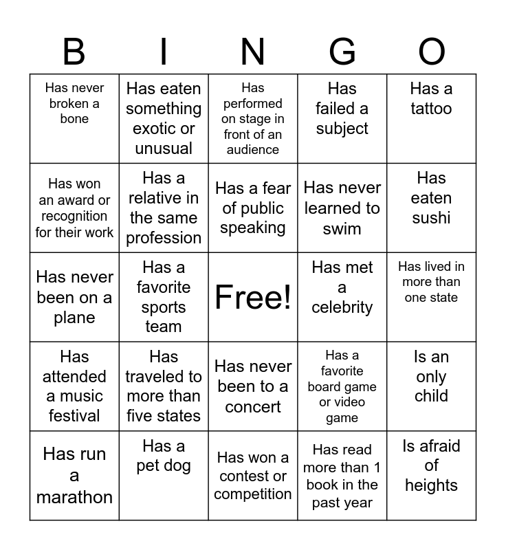 Getting to know each other Bingo Card