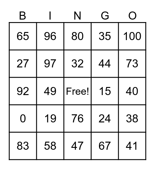 Numbers 0-100 Bingo Card