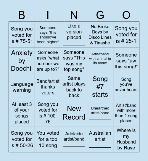 Triple J Hottest 100 Bingo Card