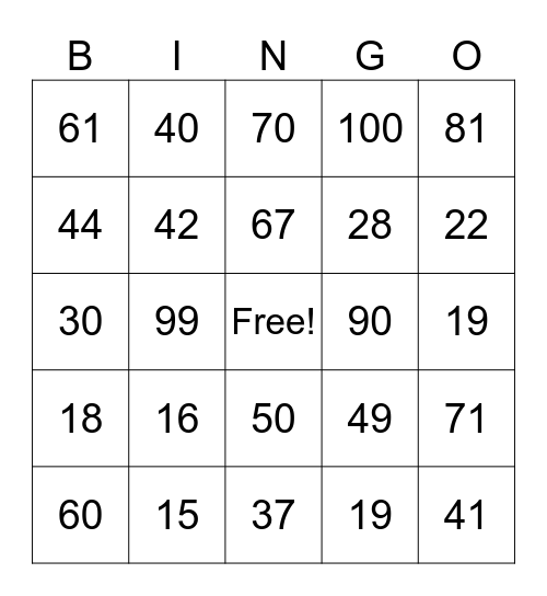 Numbers to 100 Bingo Card