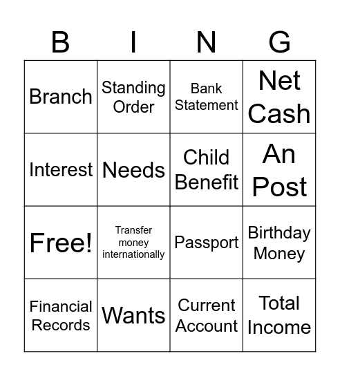 Personal Finance Bingo Card