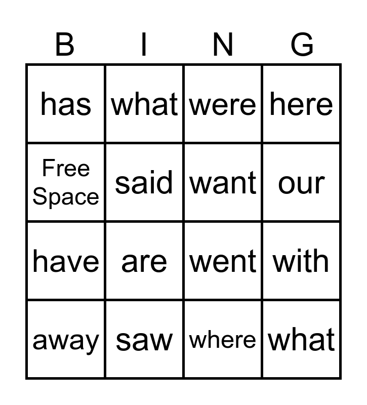 Sight Word Bingo Card