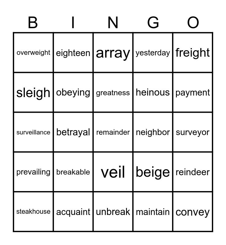 Vowel Teams that make long a sound Bingo Card