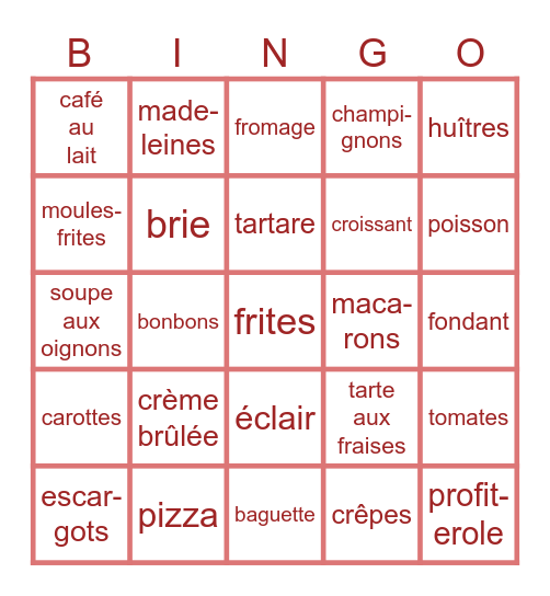 Nourriture Bingo Card