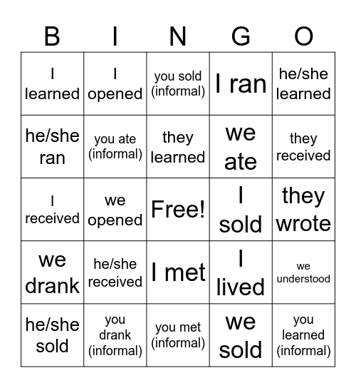 Preterite -ER & -IR Verbs Bingo Card
