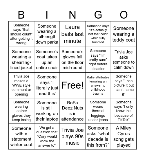 Trivia Joe Bingo Card