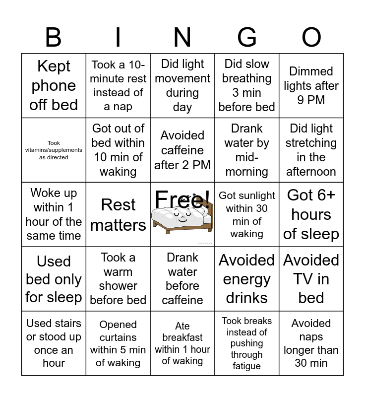 Sleep & Energy Bingo Card