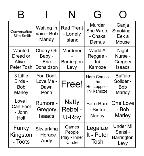 Ginger's Reggae Round Bingo Card