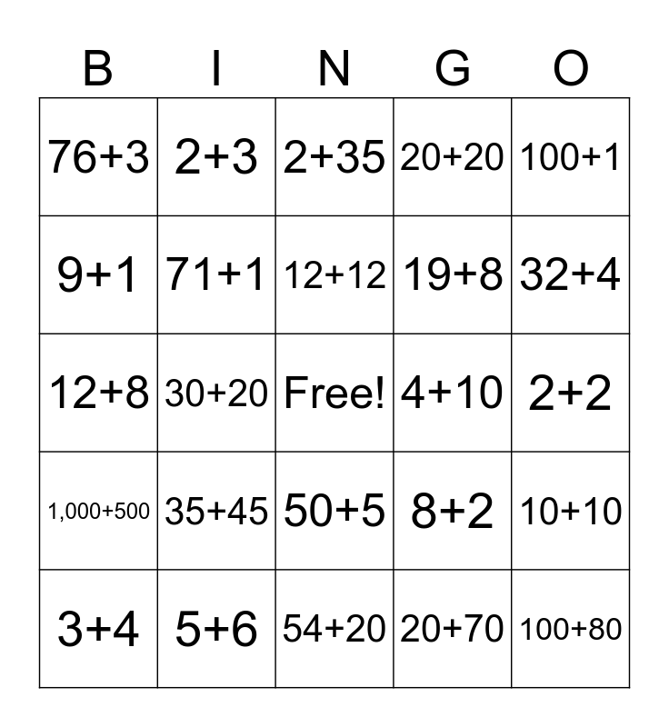 Math Bingo Card