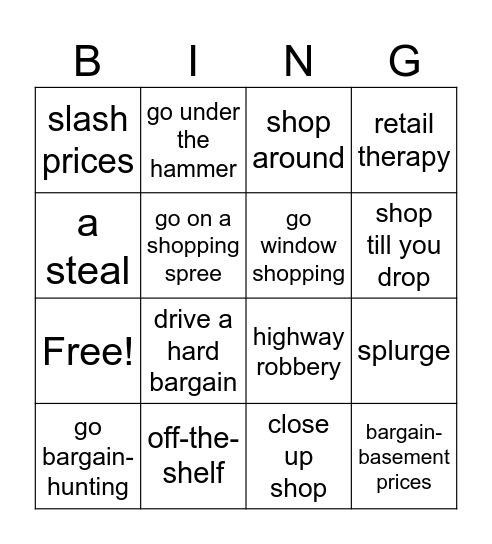 Shopping Idioms Bingo Card