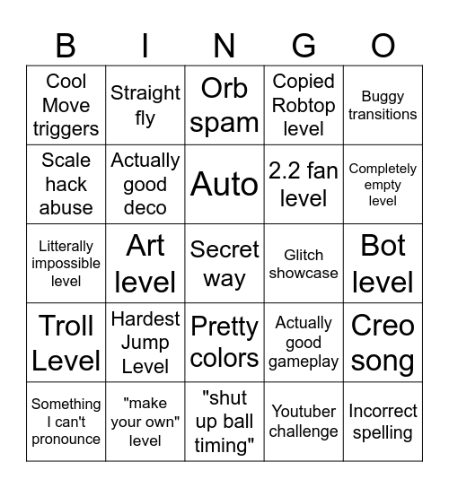 Recent Tab Bingo (Geometry Dash How-D) Bingo Card