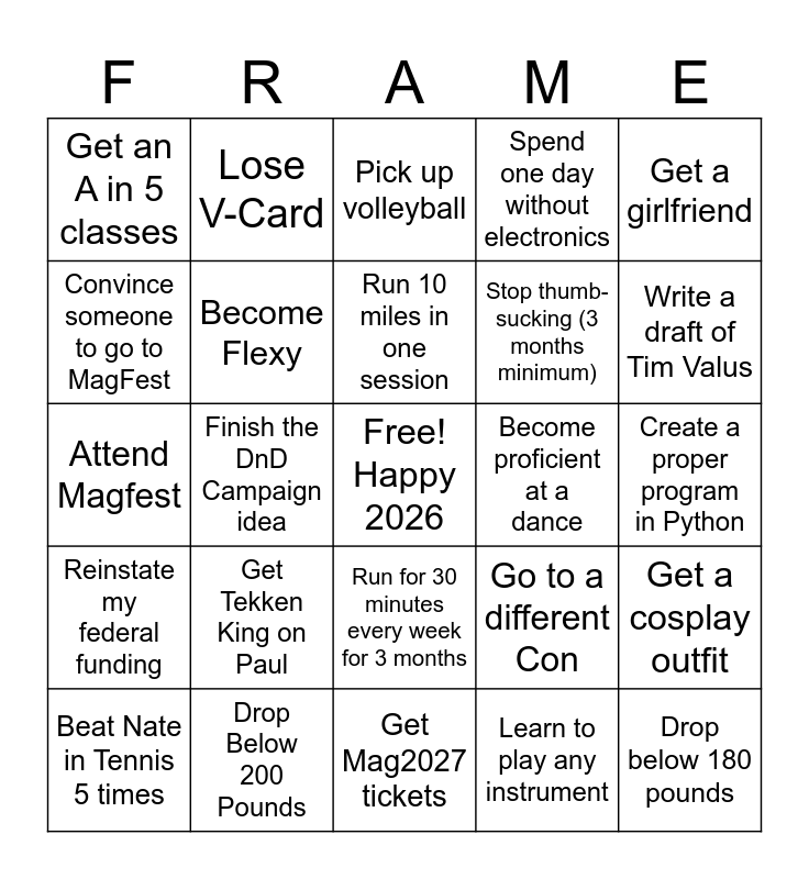 2026 Goal List Bingo Card
