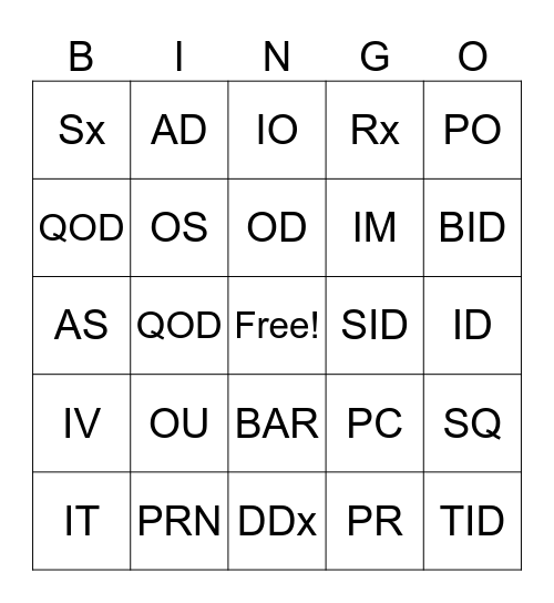 Medical Abbv Bingo Card