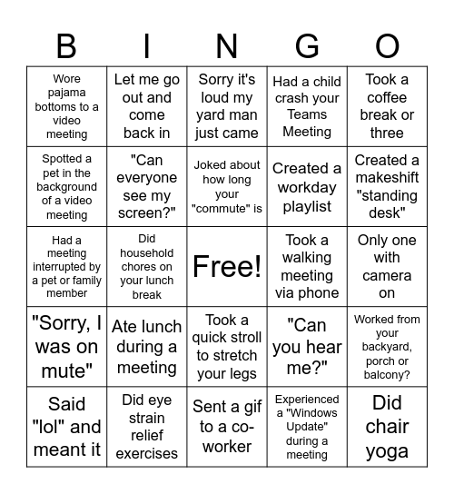 Remote Worker Bingo Card