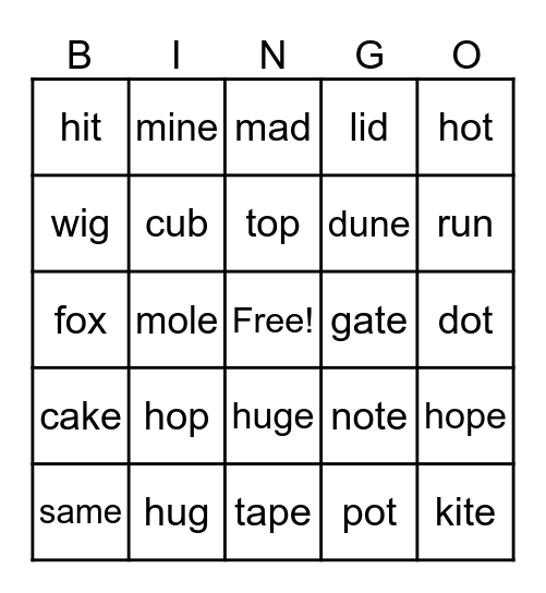 Long and Short Vowels Bingo Card