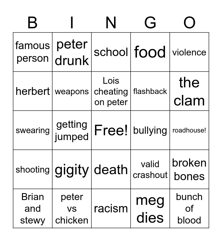 family guy bingo Card
