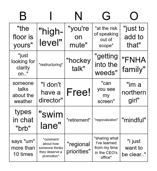 Sr Team Bingo Card