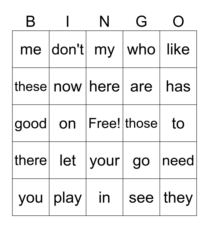 Sight Word Bingo Card