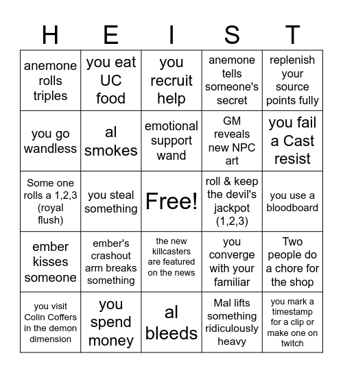 Hex Heist Wandless & Wired Bingo Card
